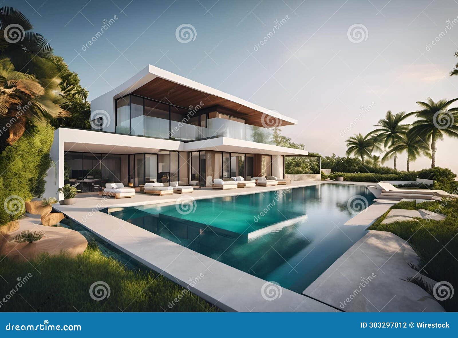 An Exterior Rendering of a Beach Front House with Swimming Pool Stock ...