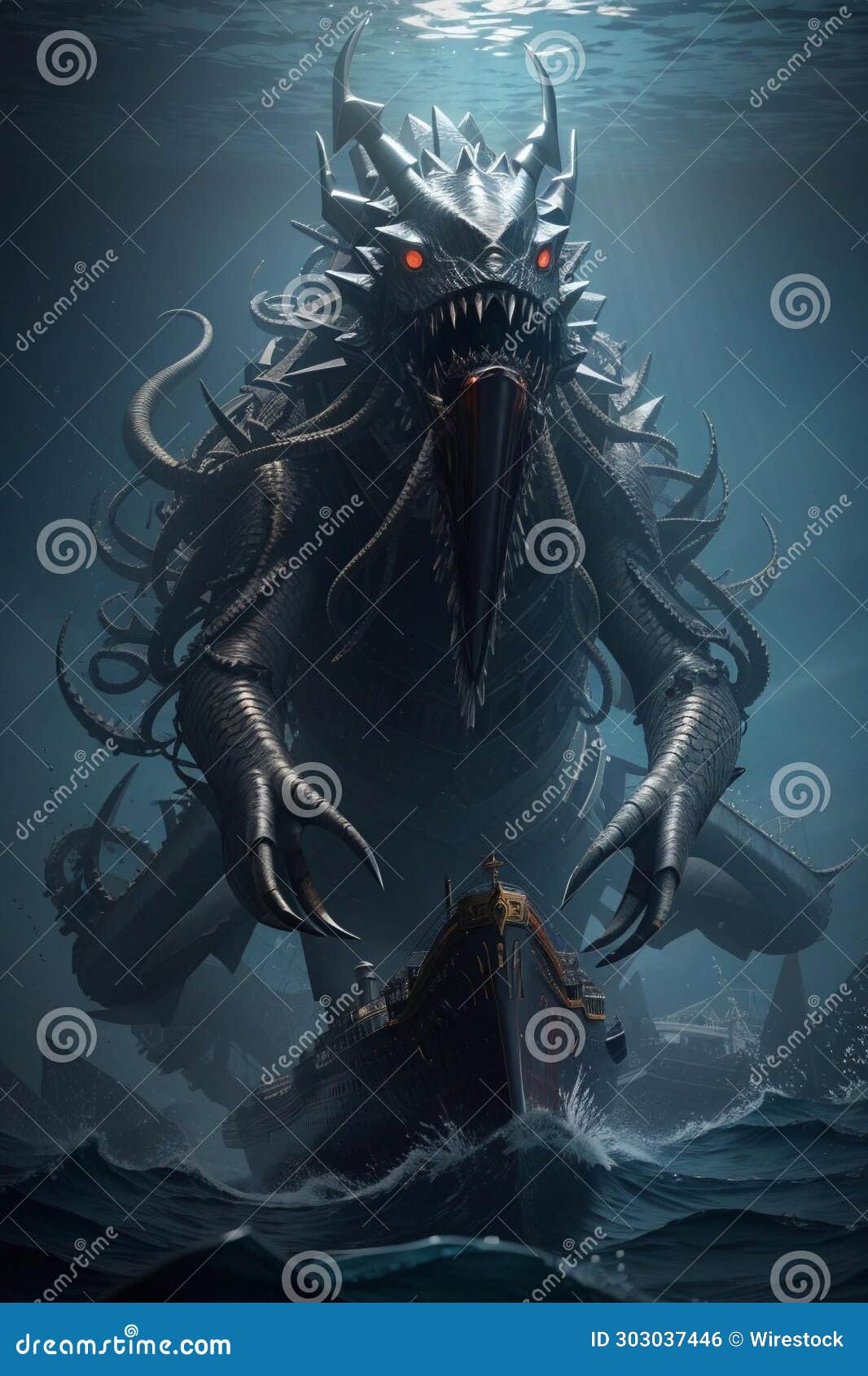 The Giant Squid Monster in the Ocean is Surrounded by Other Creatures ...