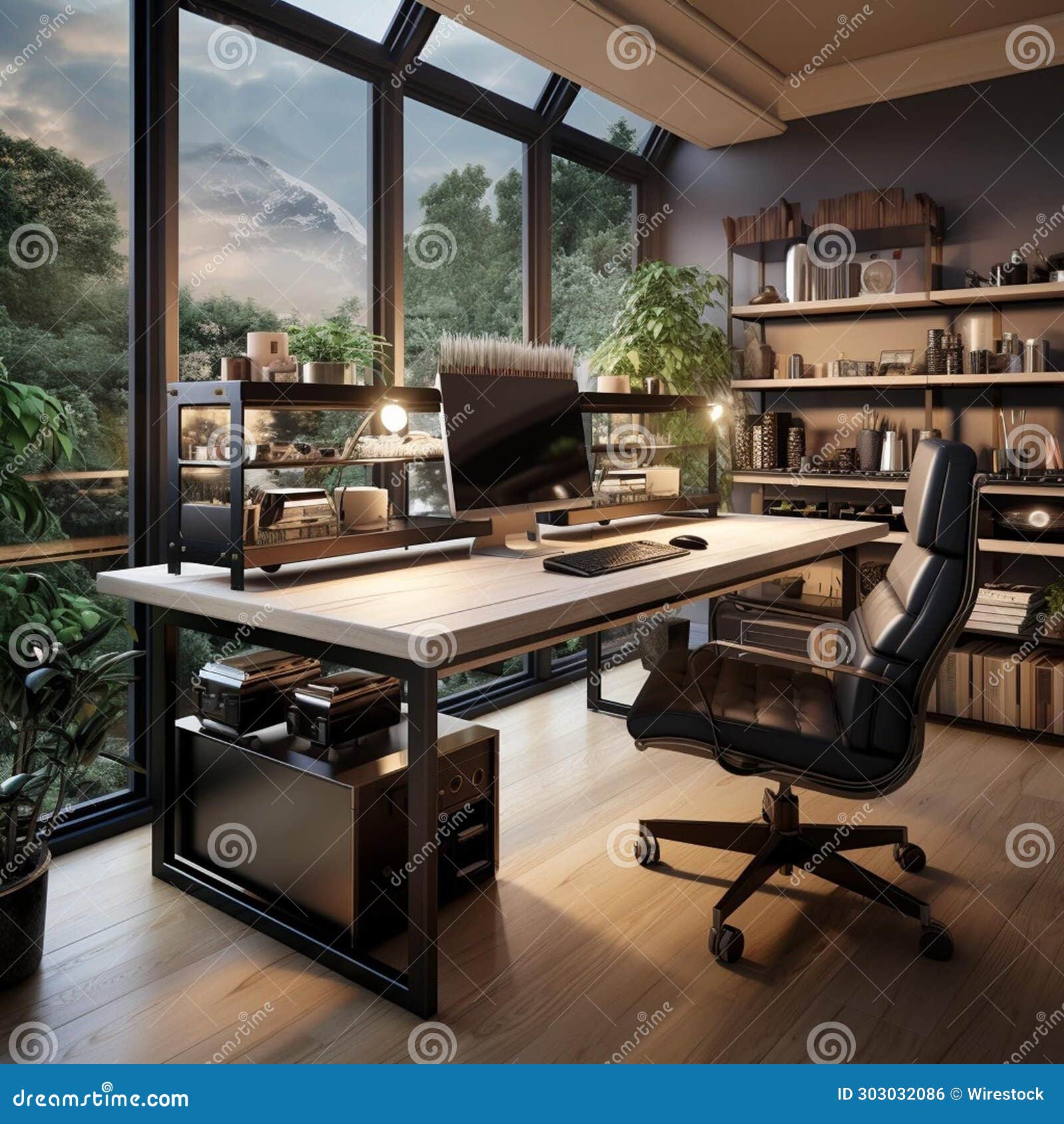 A Computer Desk in a Room with a Large Window Looking Out Onto a Yard ...
