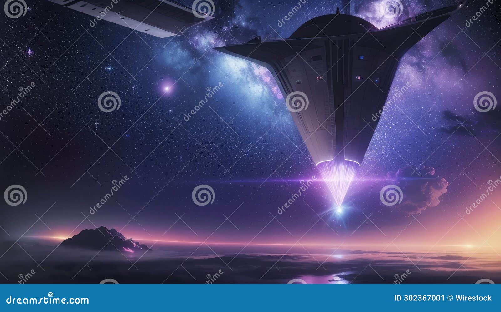 Spaceship Drifting through Space, with Purple and Blue Clouds and Stars ...