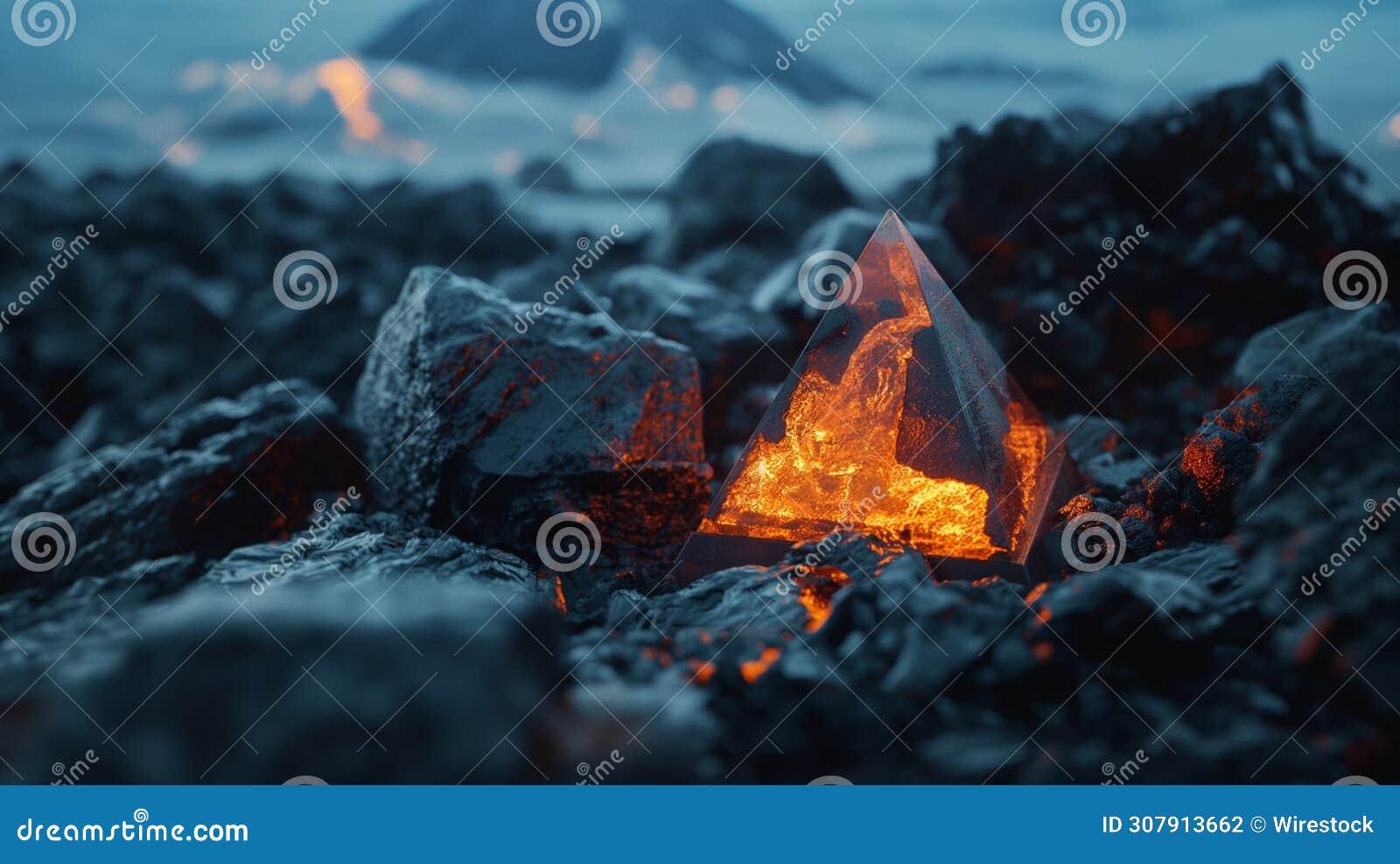 Iron Pyramid with Lava Inside Cracking Against Rocks. Stock ...