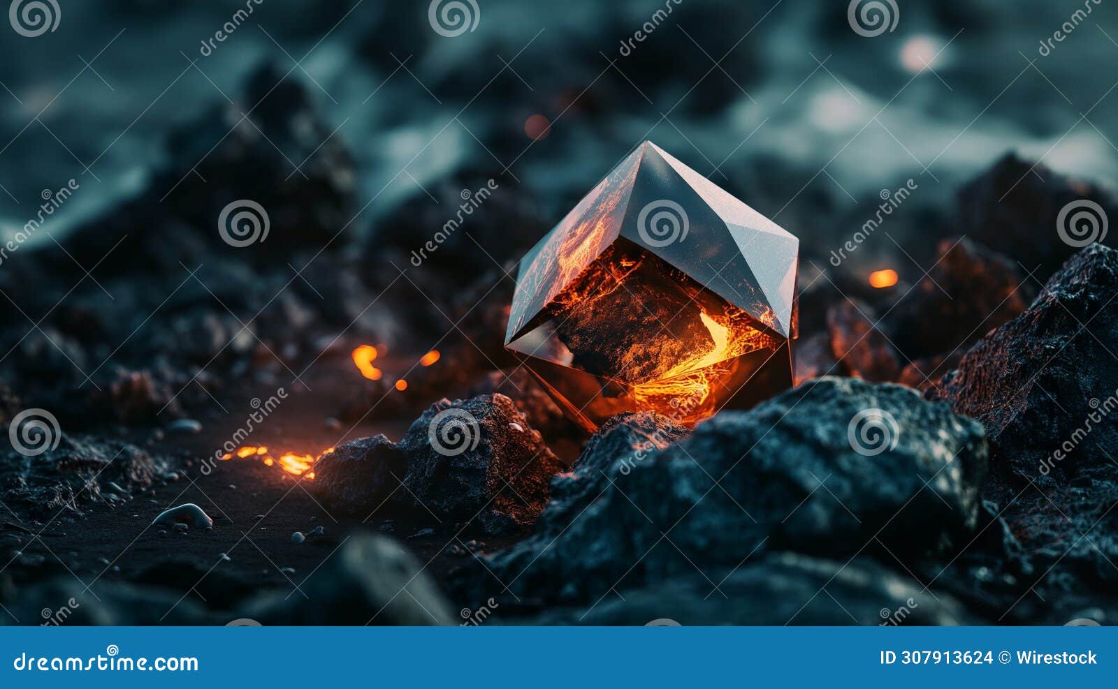 Iron Sphere with Lava Inside Cracking Against Rocks. Stock Photo ...