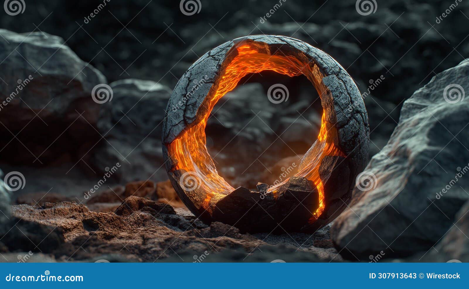 Iron Torus with Lava Inside Cracking Against Rocks. Stock Illustration ...