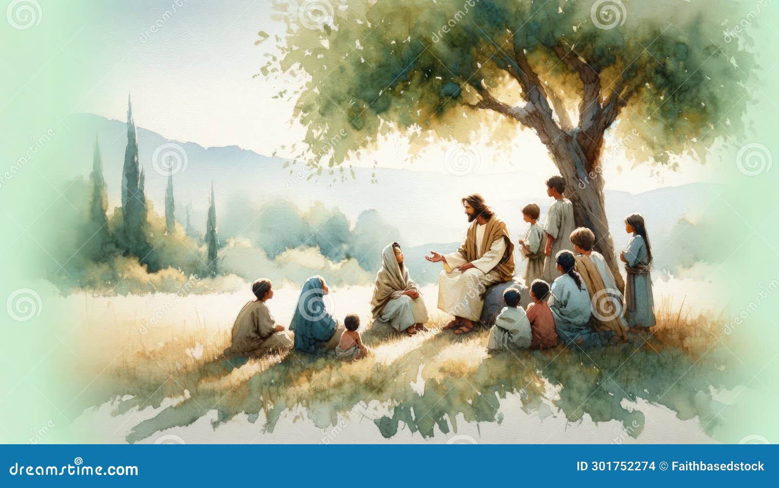 Jesus Teaching Children Under a Tree Stock Illustration - Illustration ...