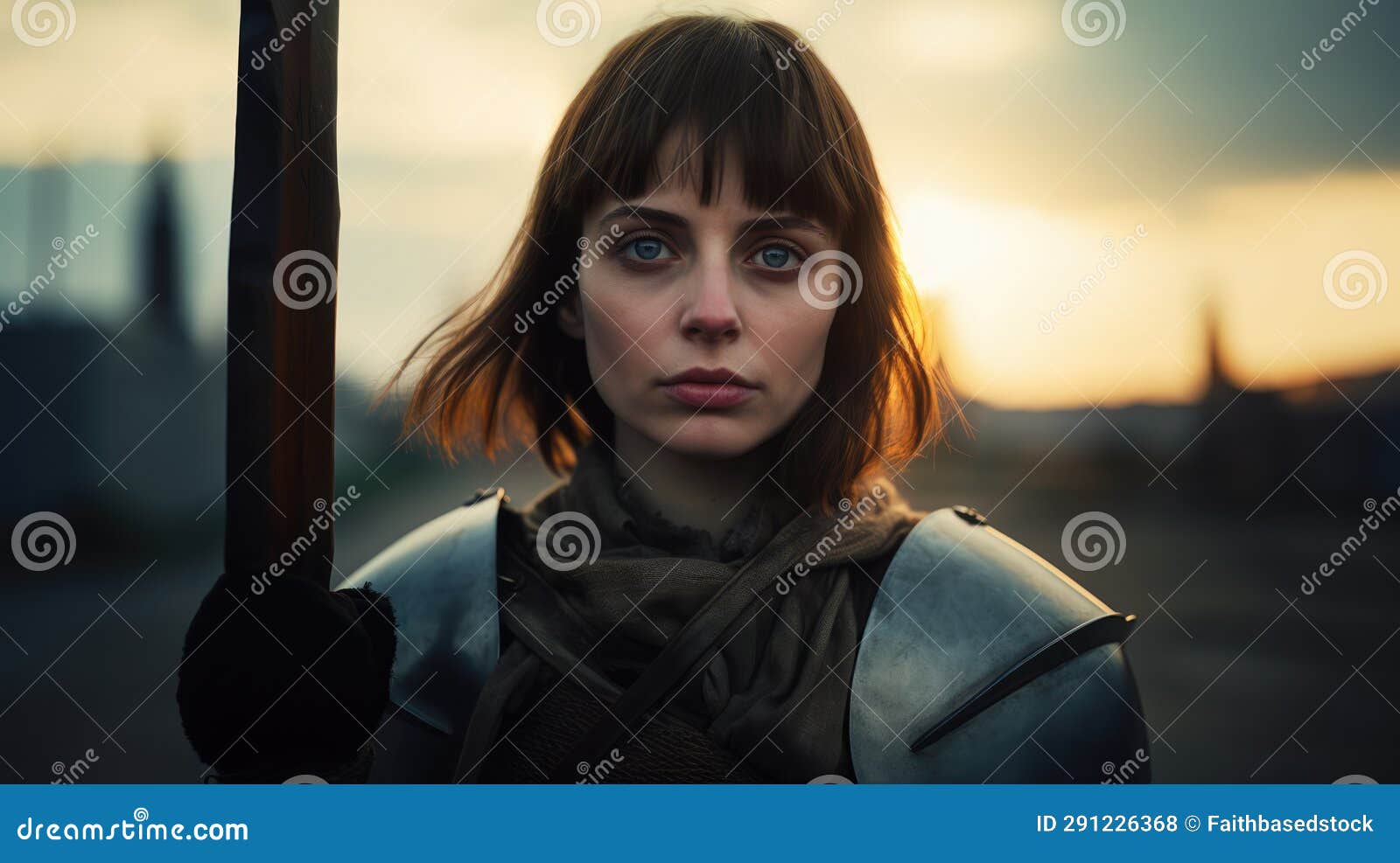 Joan Of Arc God S Warrior Short Haired Young Woman In Armor At Sunset Stock Illustration