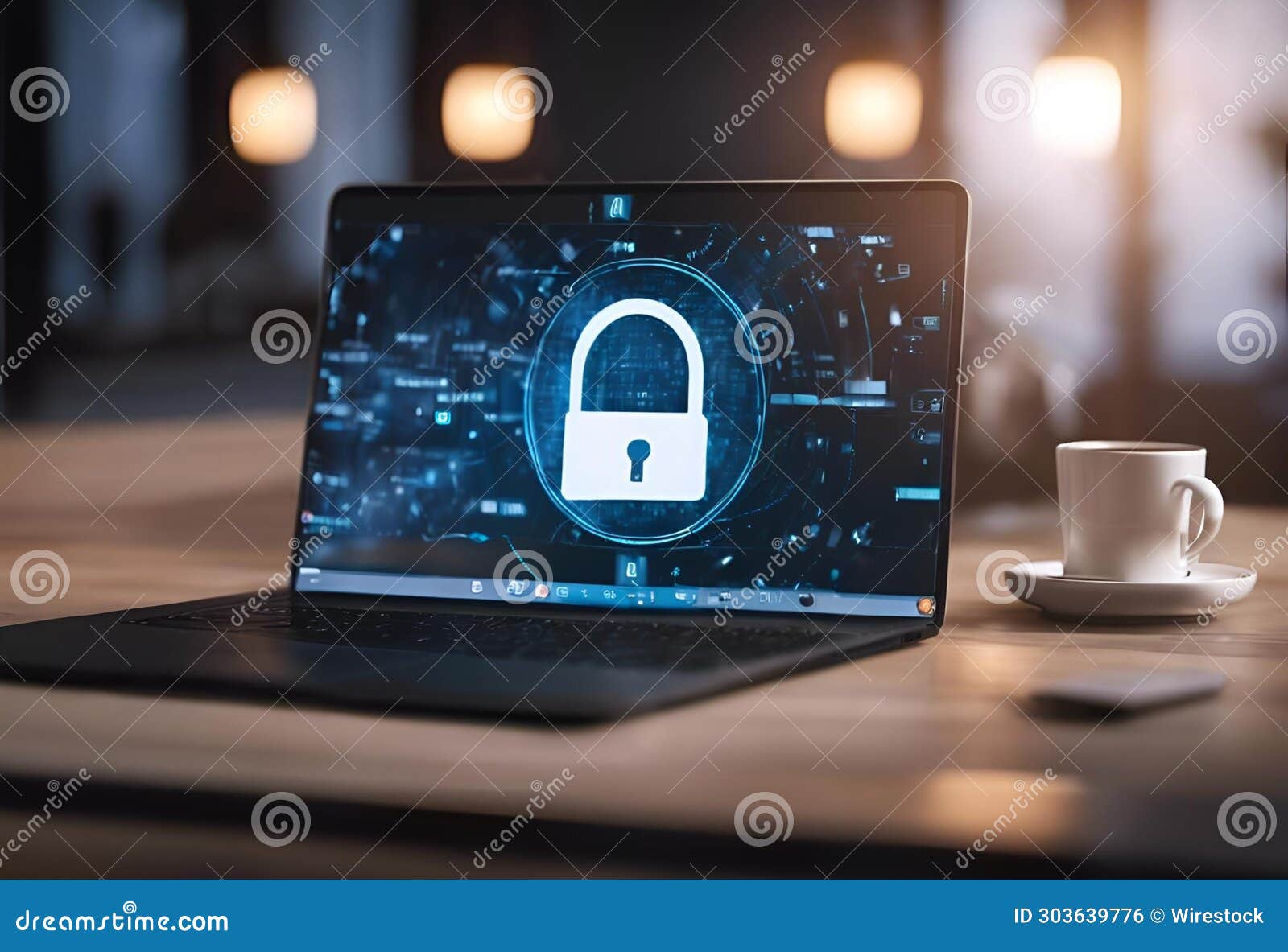 A Laptop Computer with a Lock on the Screen, on a Table Stock ...