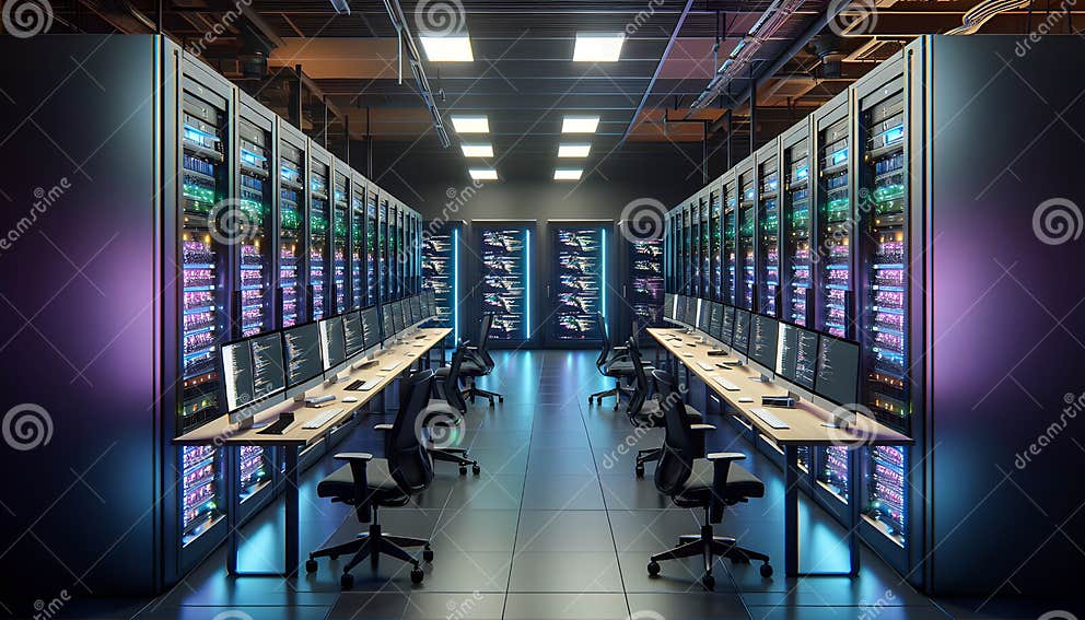 AI Generated Illustration of a Large Computers in Server Room with Rows ...