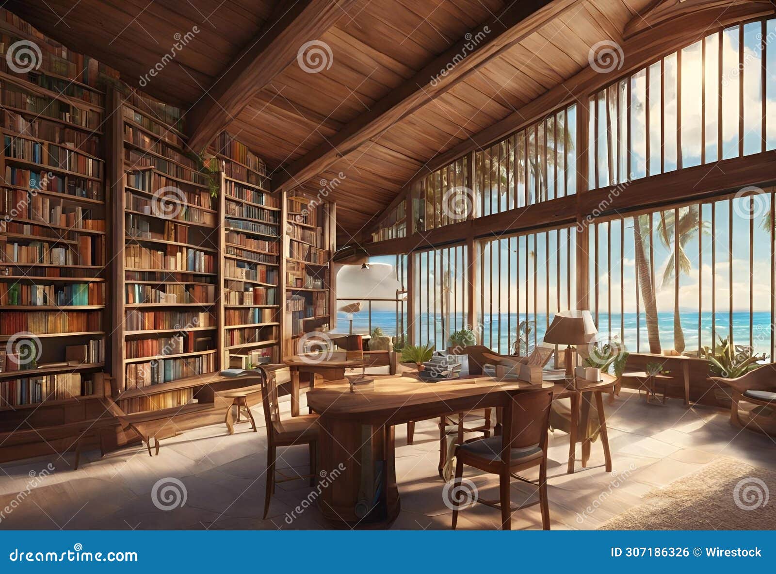 AI Generated Illustration of a Large Rustic Library with Ocean View ...