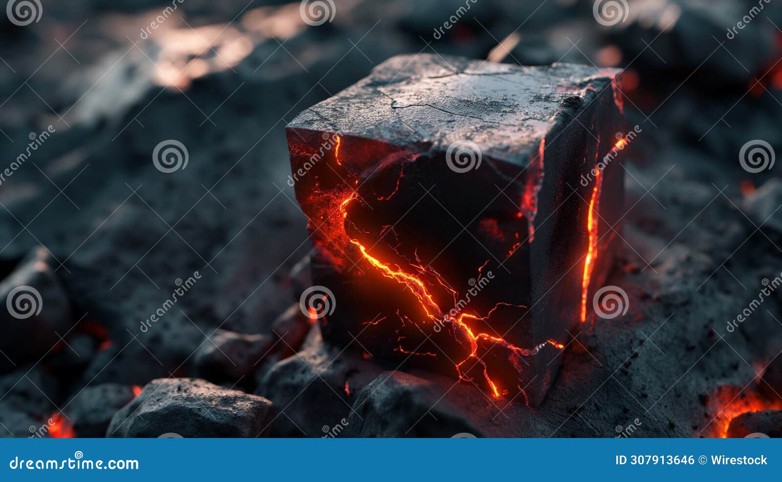 Iron Cube with Lava Inside Cracking Against Rocks. Stock Illustration ...