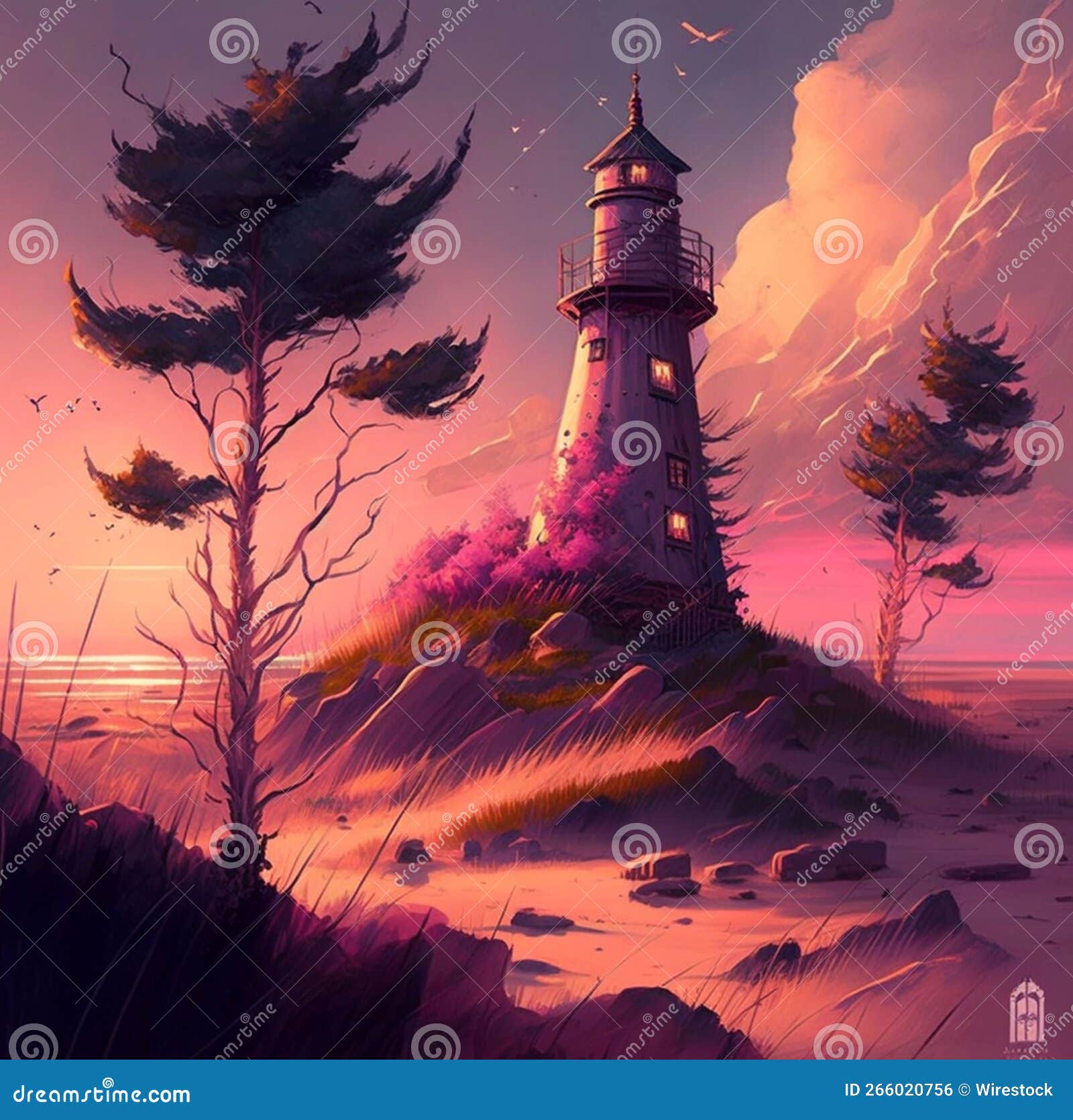 AI Generated Illustration of a Lighthouse in the Mystic Field Stock ...