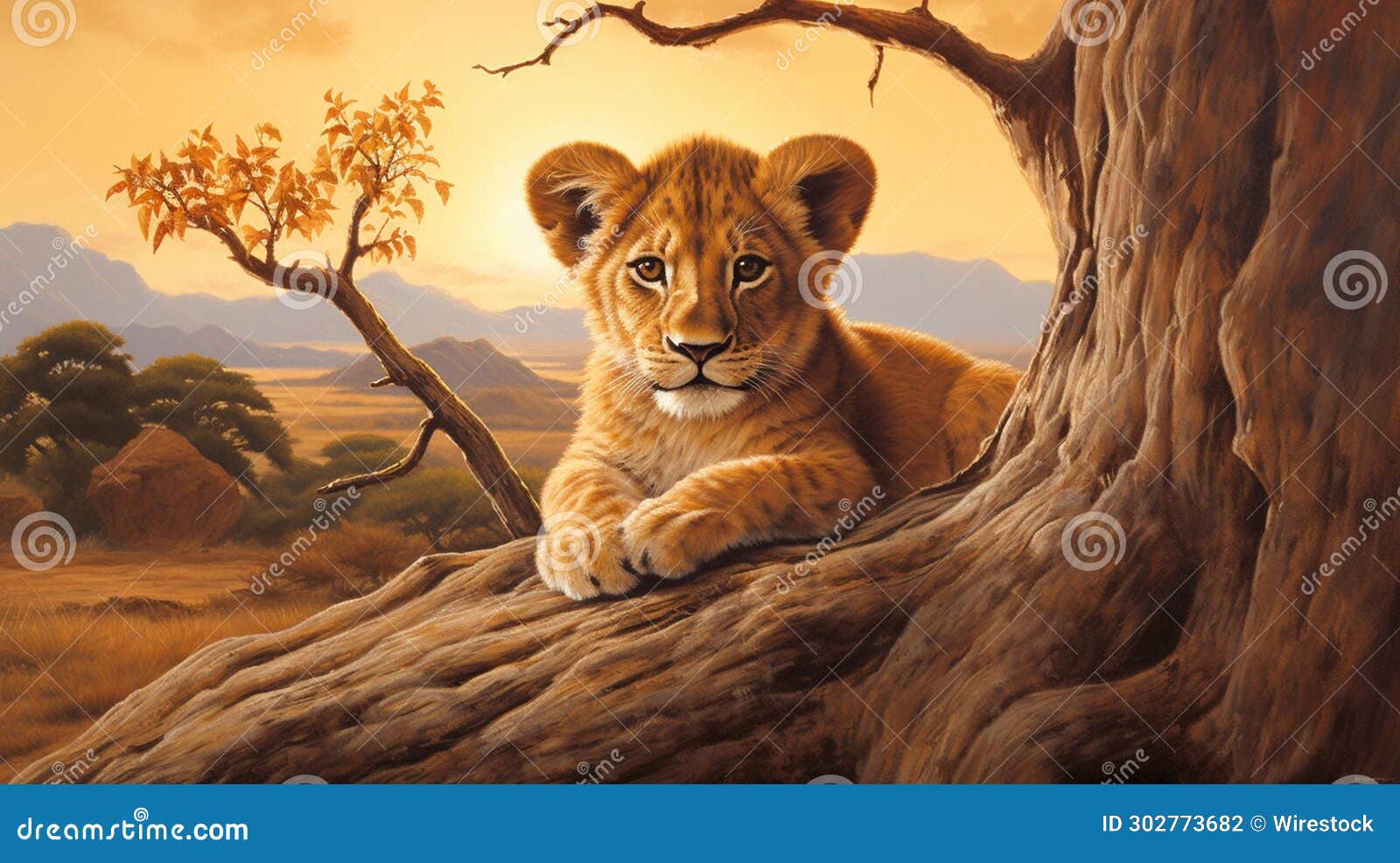 AI Generated Illustration of a Lion Cub Lying on a Tree Root in a ...