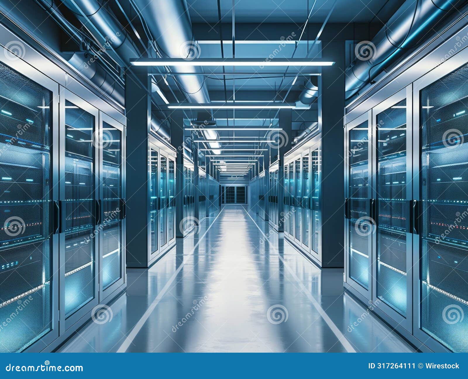 AI Generated Illustration of a Long Corridor in a Data Center with Rows ...