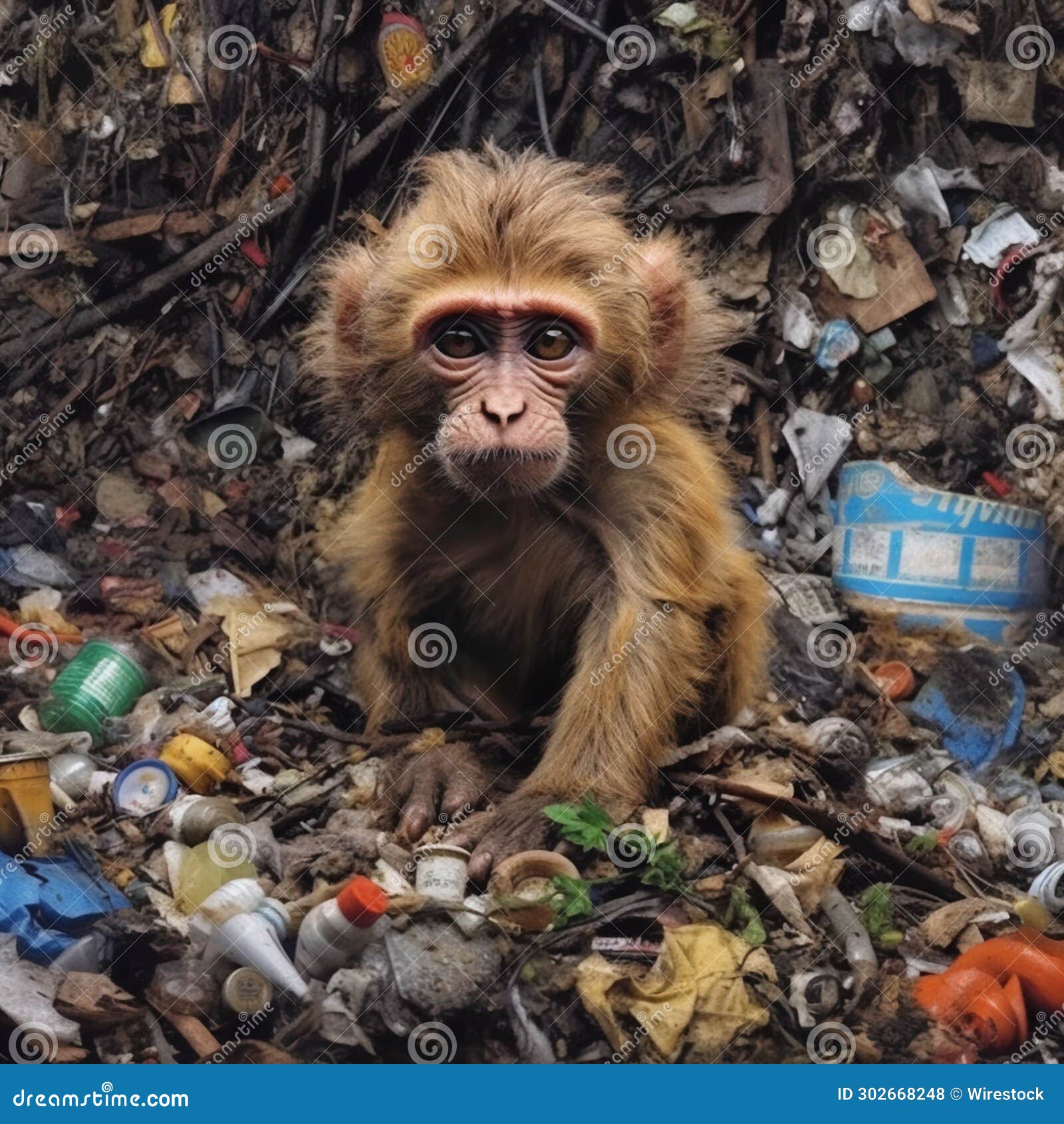 AI Generated Illustration of a Macaque Monkey on a Mound of Rubbish in ...