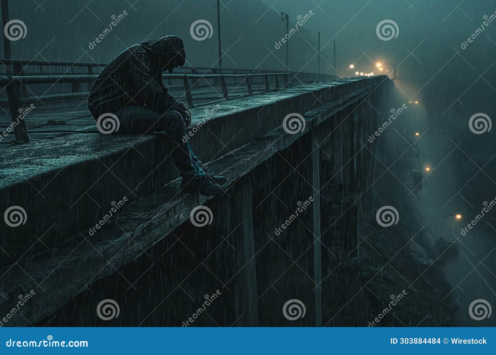 AI-generated Illustration of a Man Sitting on the Edge of a Bridge in a ...
