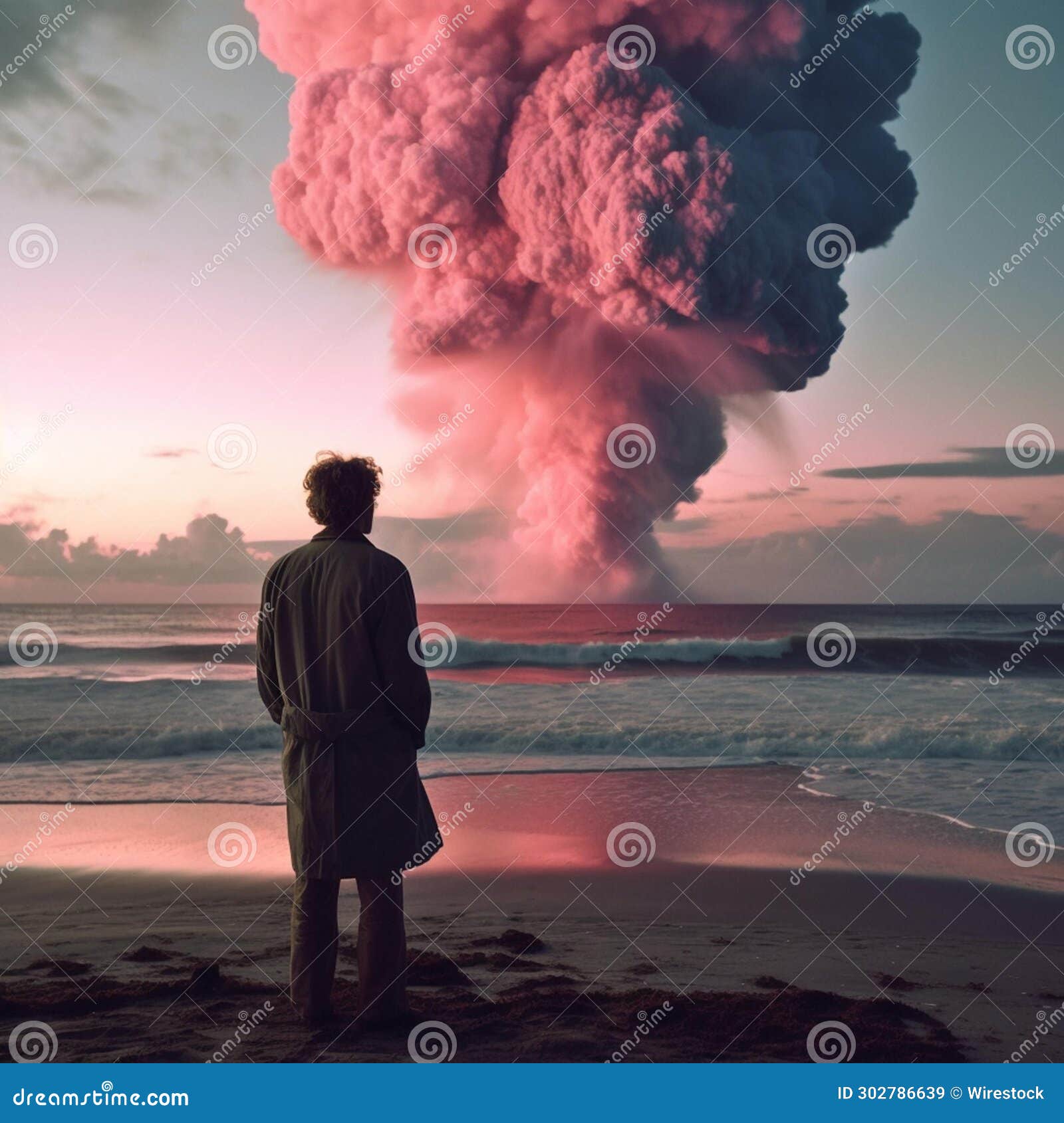 AI Generated Illustration of a Man Standing on Beach Against a Pink ...