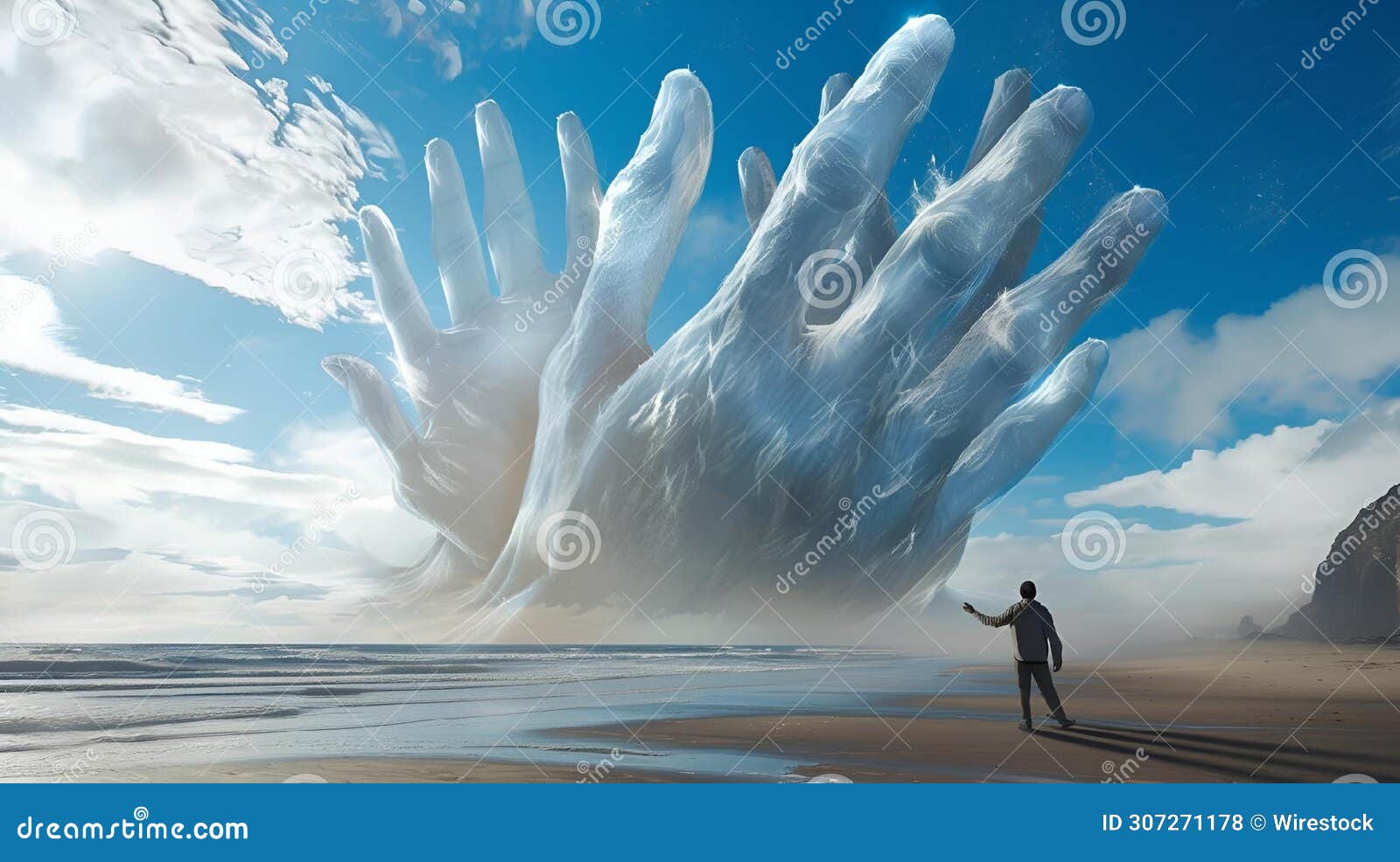 Man Standing on Beach and Waves Coming from Sky and Cloud Stock ...