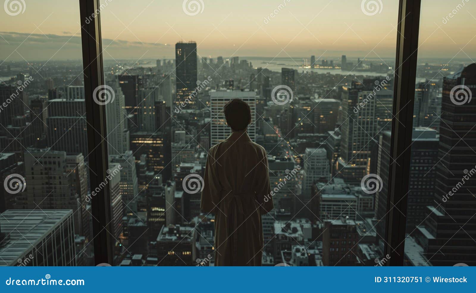The Man is Standing in Front of the Window Overlooking the City Stock ...