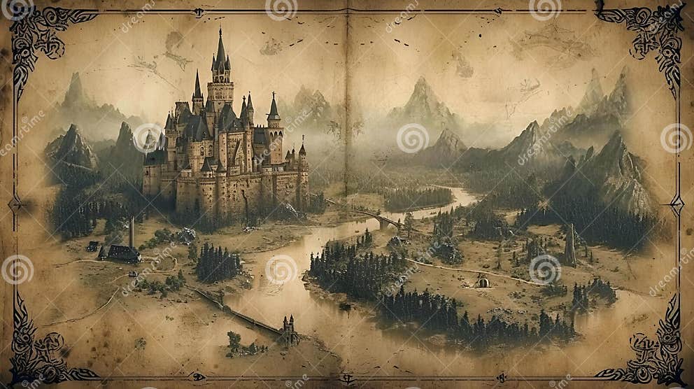 AI Generated Illustration of a Map Featuring a Castle Situated between ...