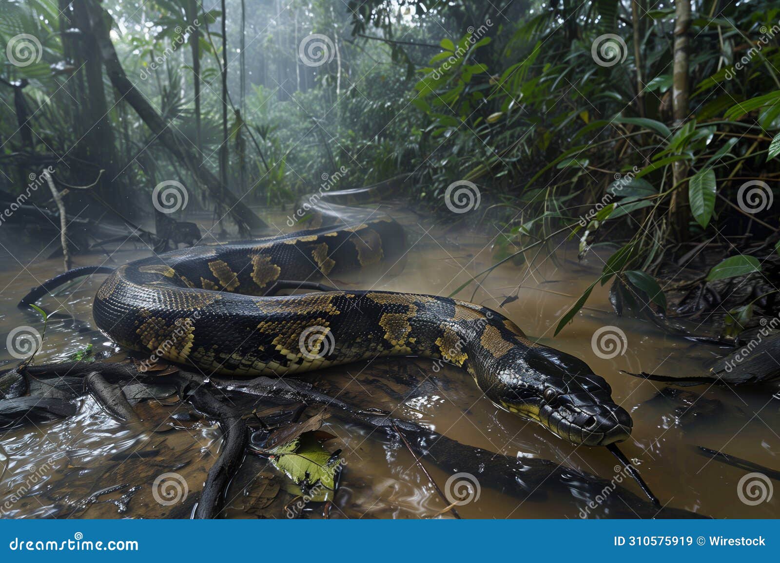 A Large Python Crawling Over Rocks in the Mud of a Jungle Stock Image ...