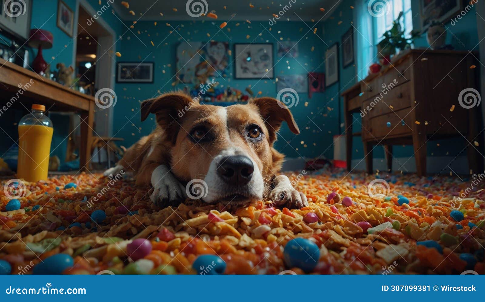 AI Generated Illustration of a Messy Room with a Dog Surrounded by ...
