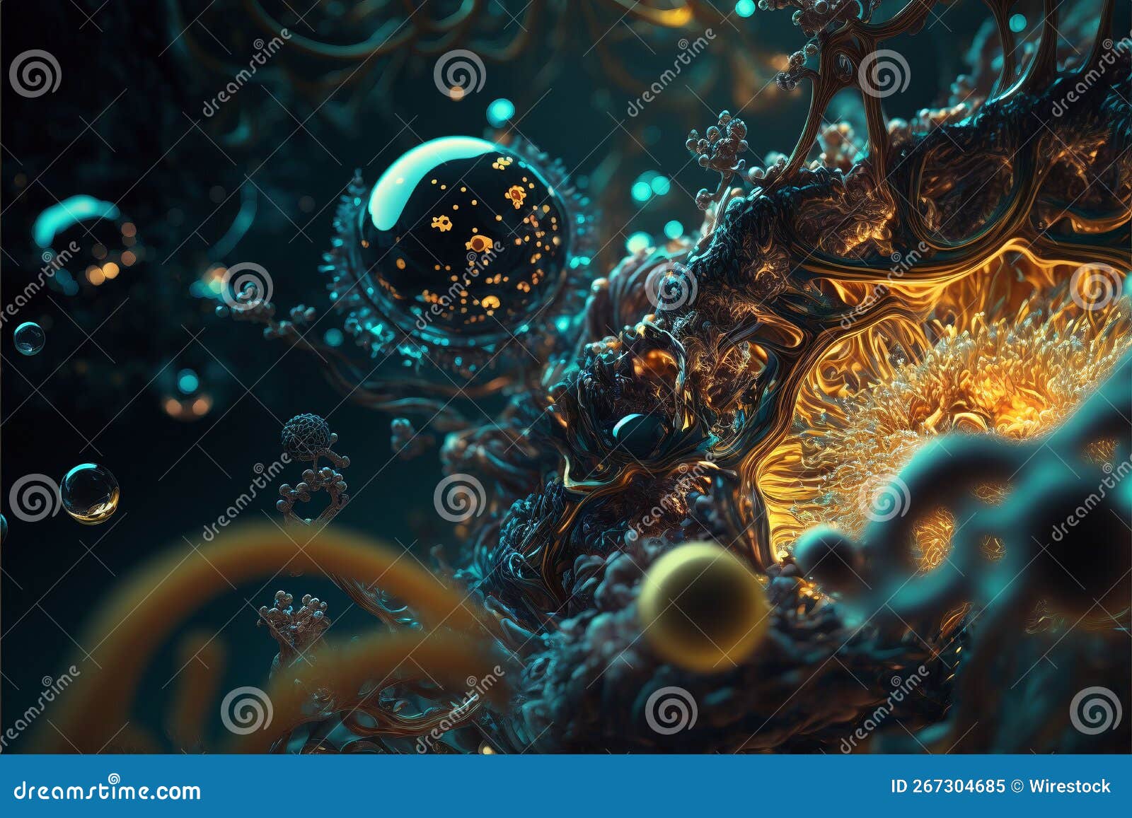 AI Generated Illustration of Microscopic Liquid Particles in Golden ...