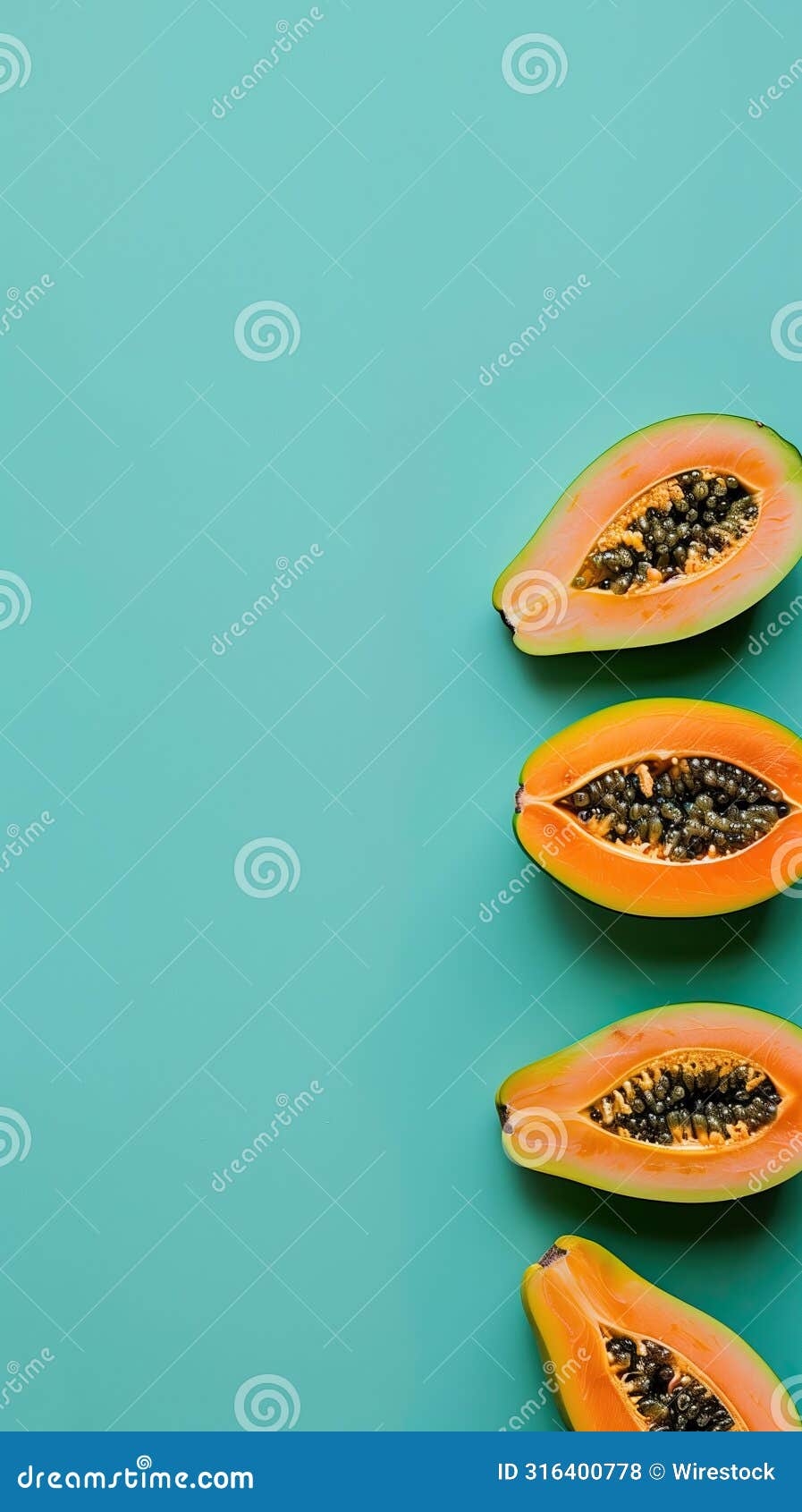 Minimal Four Halved Papaya Fruit on Simple Flat Light Blue Background ...