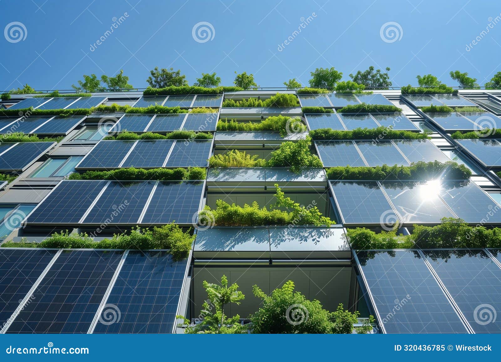 Ai Generated Illustration Of A Modern Glass Building With Trees Growing On Its Facade Stock
