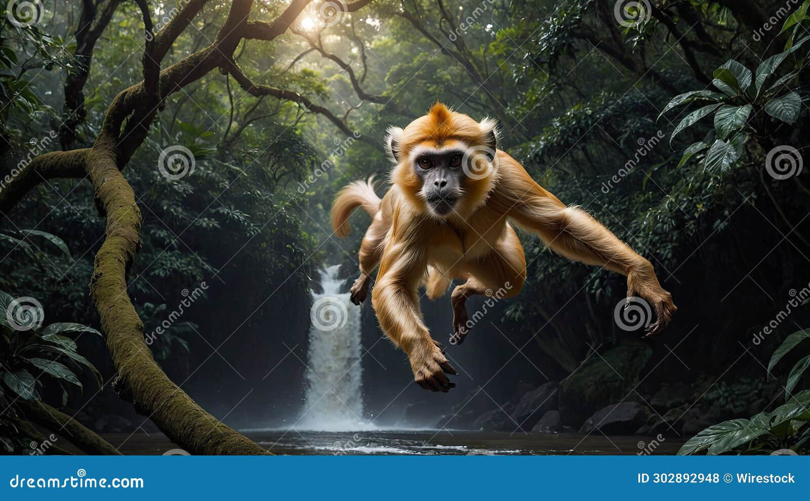 AI Generated Illustration of a Monkey Mid-jump in a Lush Jungle ...