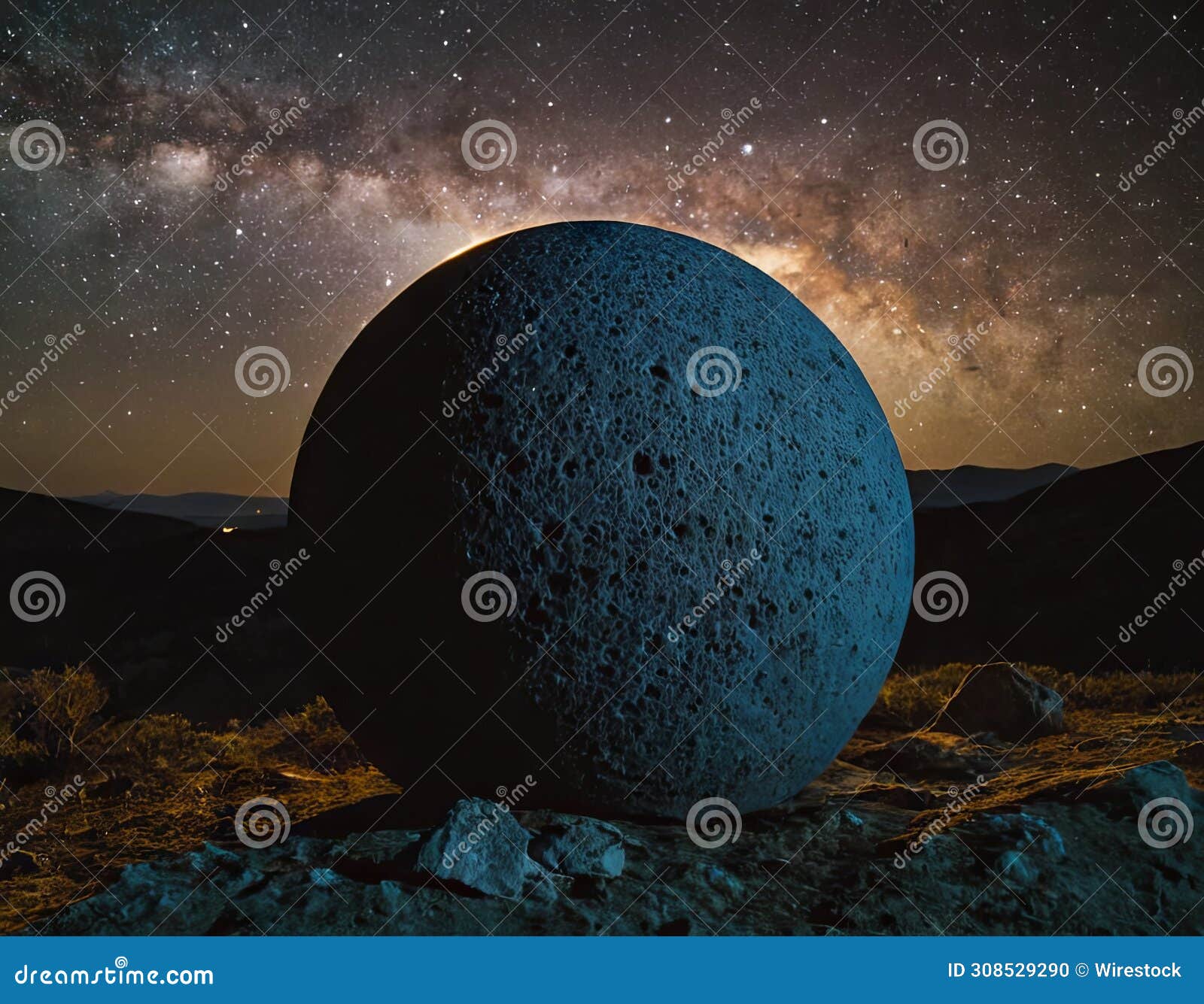 AI Generated Illustration of a Moon Sphere Rests on a Boulder Under a ...