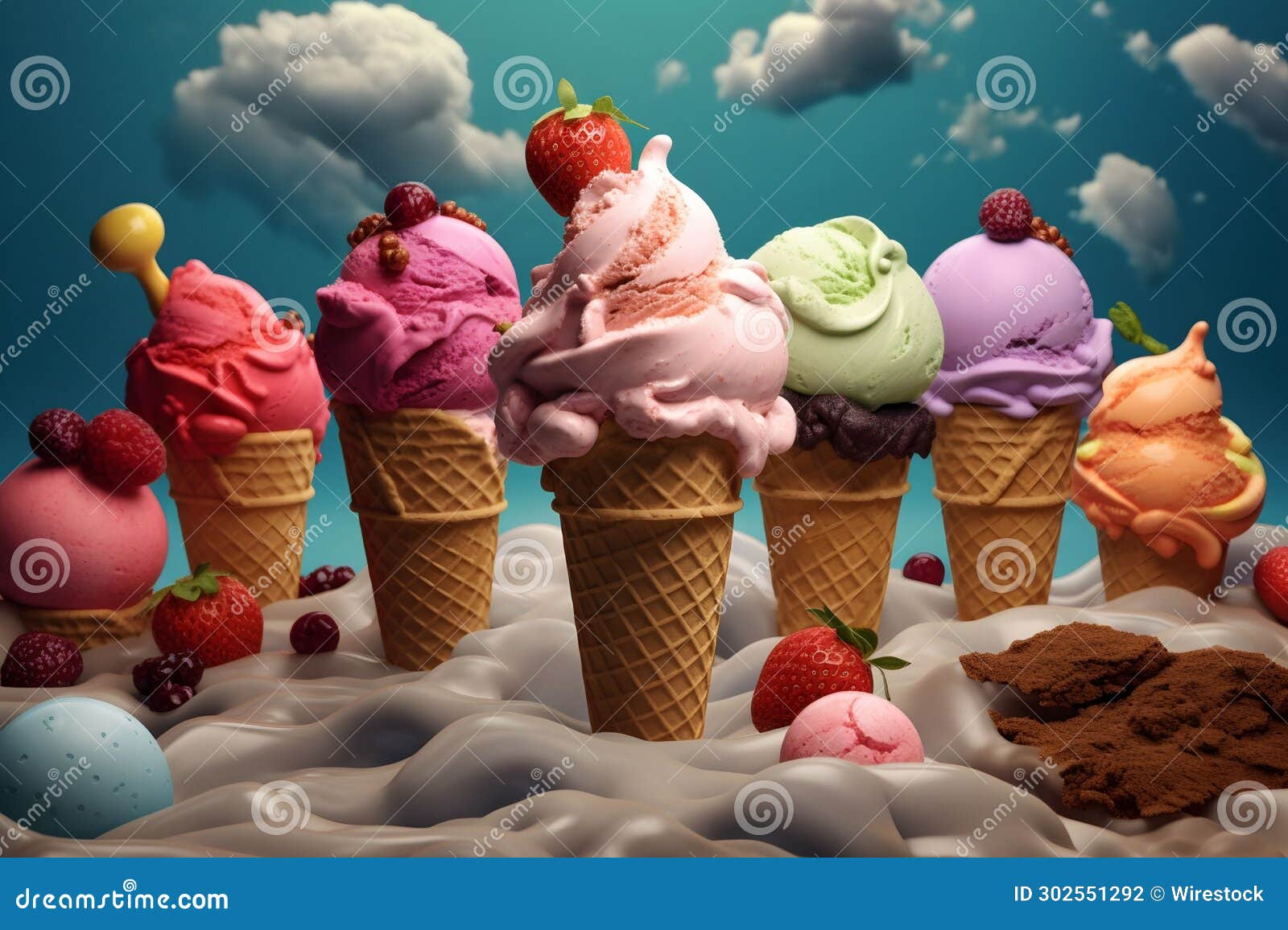 Ai Generated Illustration Of Multi Colored Ice Cream Cones Stock