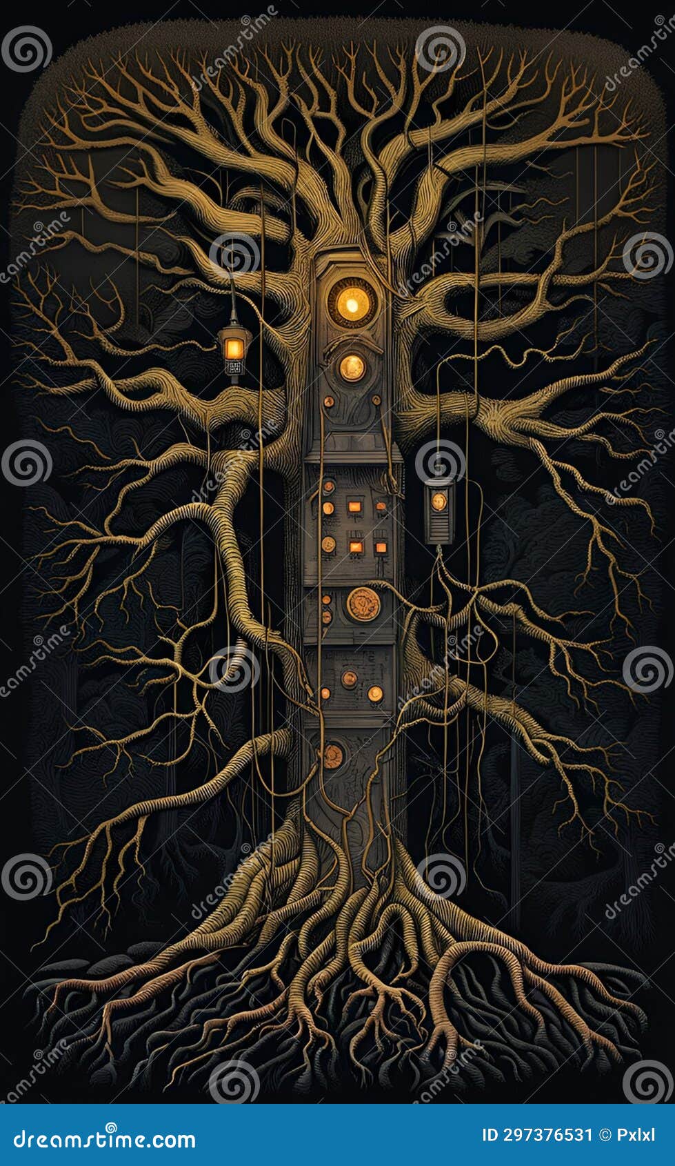 AI Generated Illustration of a Tree with Roots and Electric Circuits ...