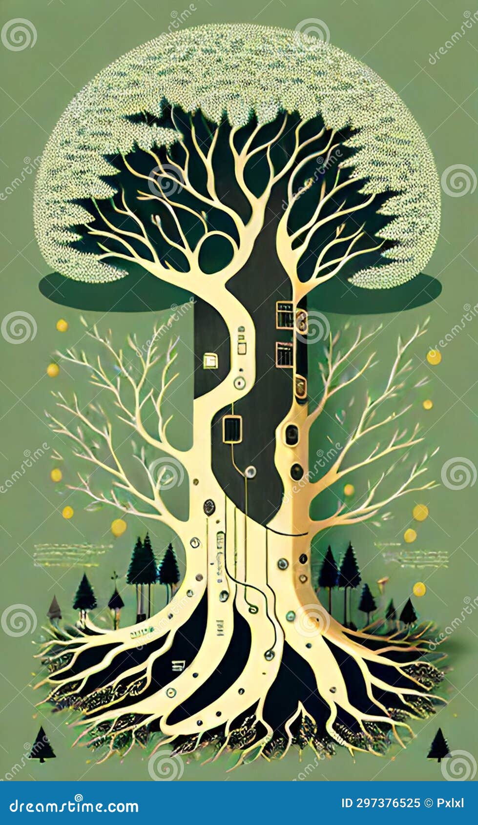 AI Generated Illustration of a Tree with Roots and Electric Circuits ...