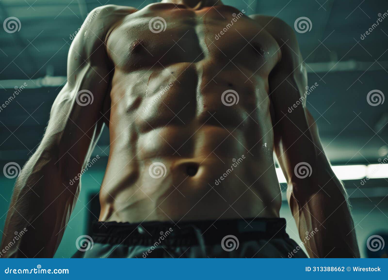 AI-generated Illustration of a Muscular Shirtless Man in a Dim Gym ...