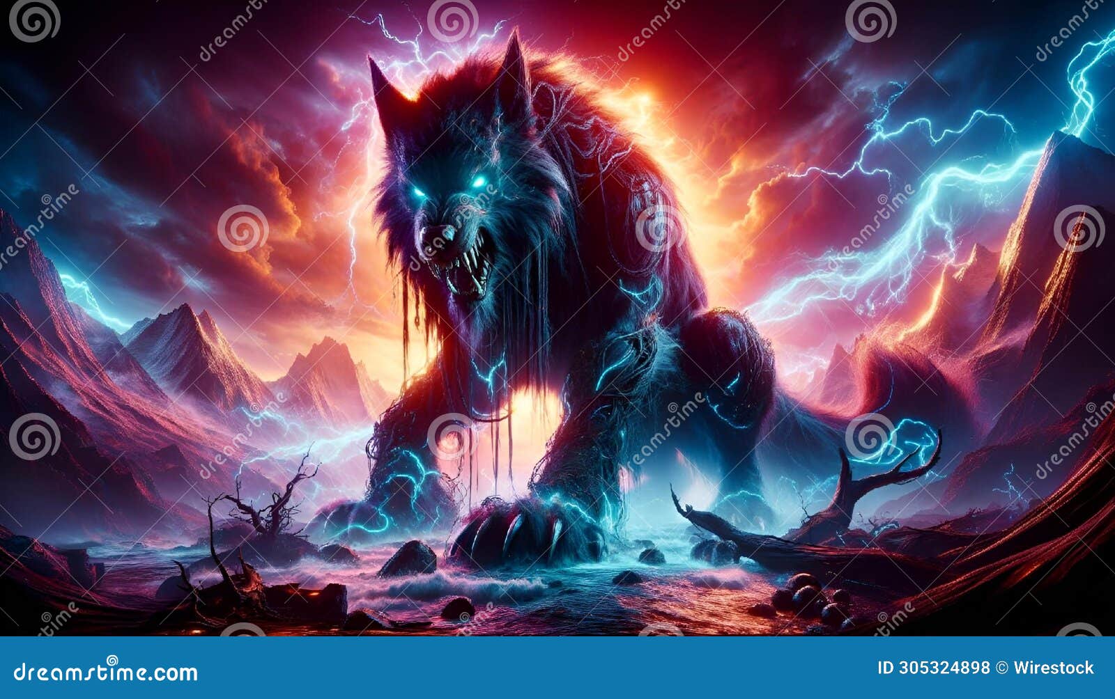 A Mythical Werewolf Standing on Rocks with Lightnings in the Background ...