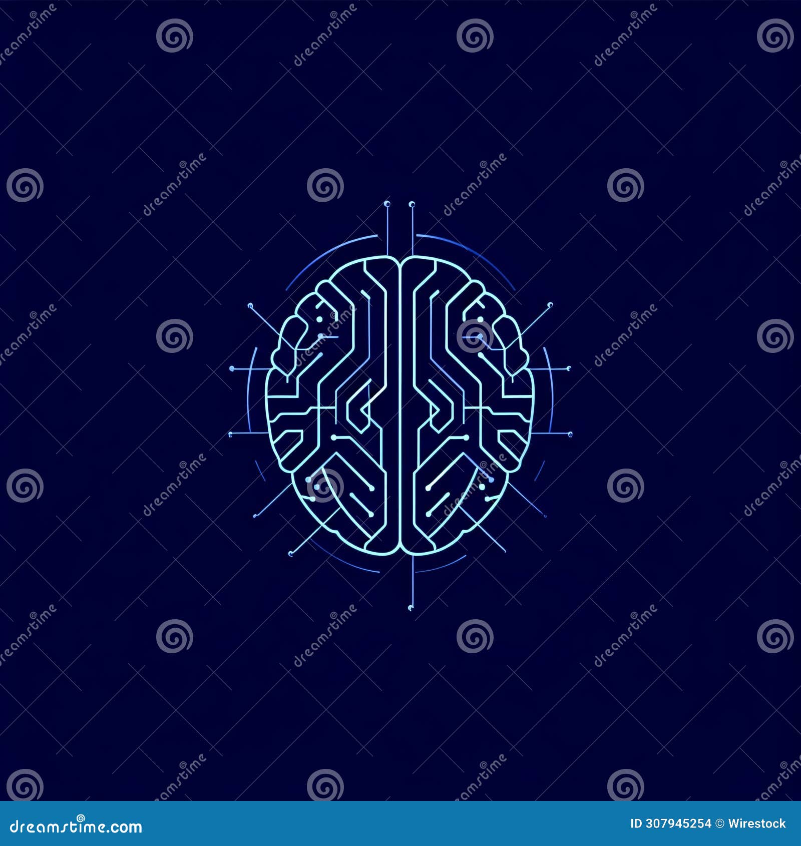A Neon Brain Logo on a Black Background with Lines and Dots Stock ...