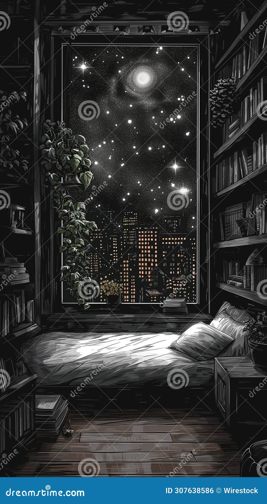 AI Generated Illustration of a Nighttime View from a Book-filled Room ...