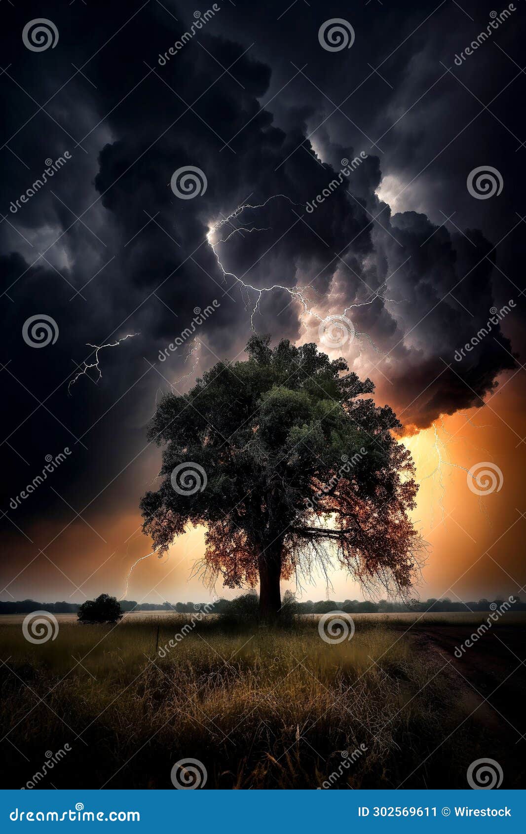 AI Generated Illustration of an Oak Tree in a Thunderstorm, Hit by a ...