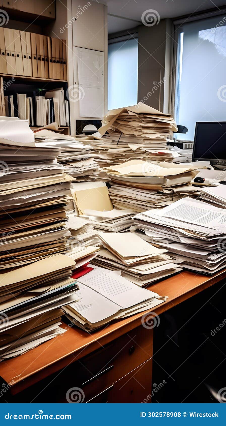 AI Generated Illustration of an Office Desk, Featuring Stacks of ...