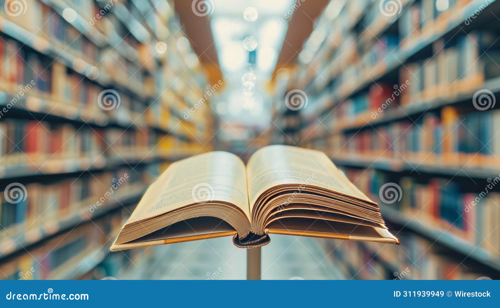 An Open Book is Seen in a Library between Rows of Books Stock Image ...