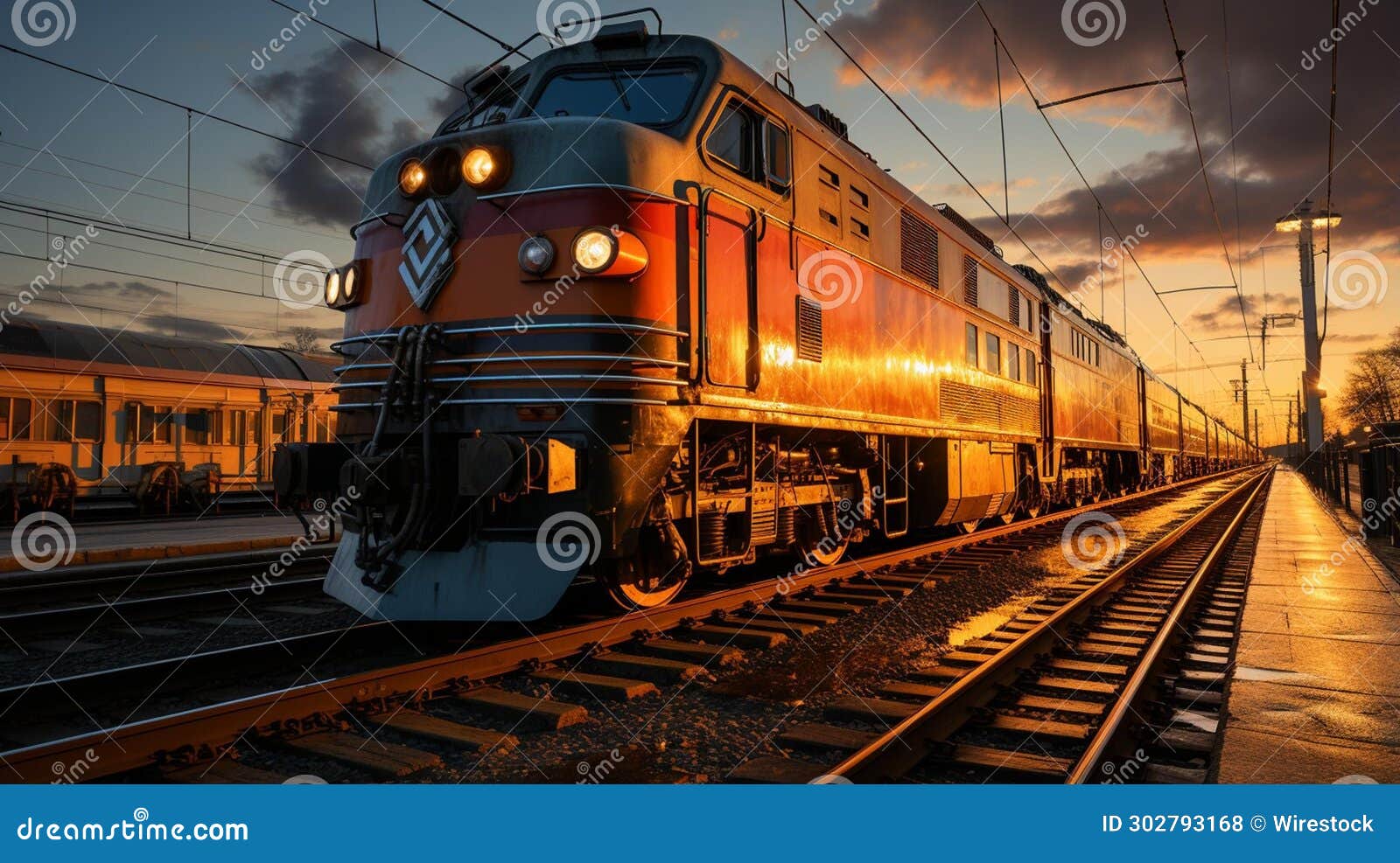 AI Generated Illustration of an Orange Passenger Train Chugging Along ...