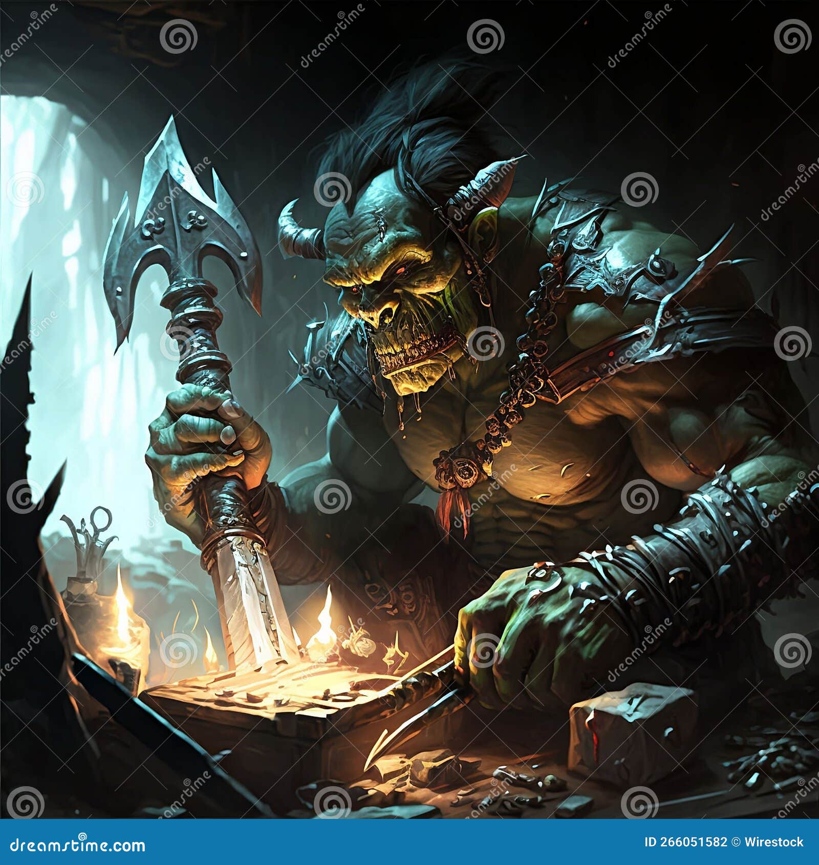 AI Generated Illustration of an Orc Warrior Sitting in the Cave Stock ...