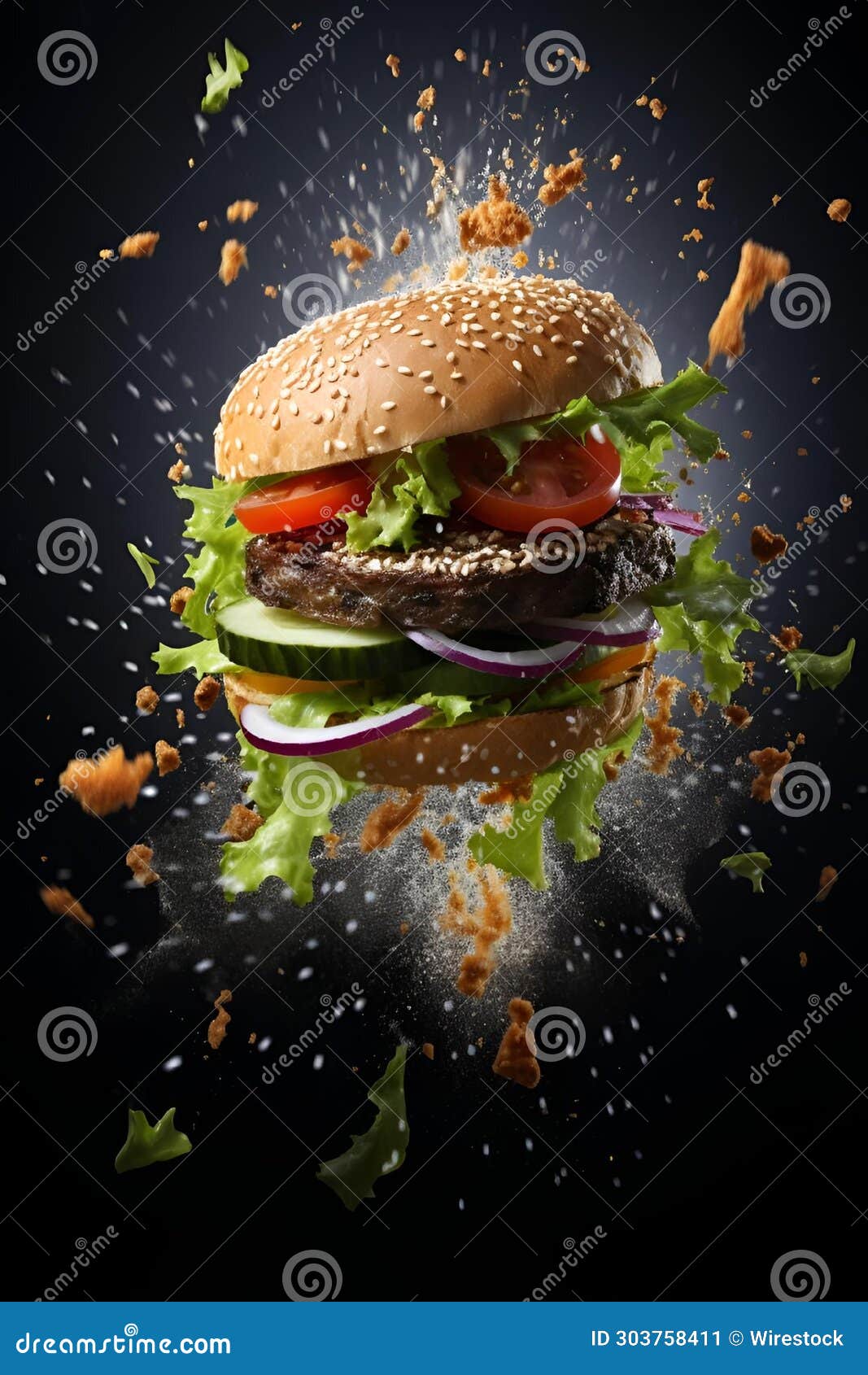 A Burger Being Exploding from the Top and with Flying Sauce Stock ...