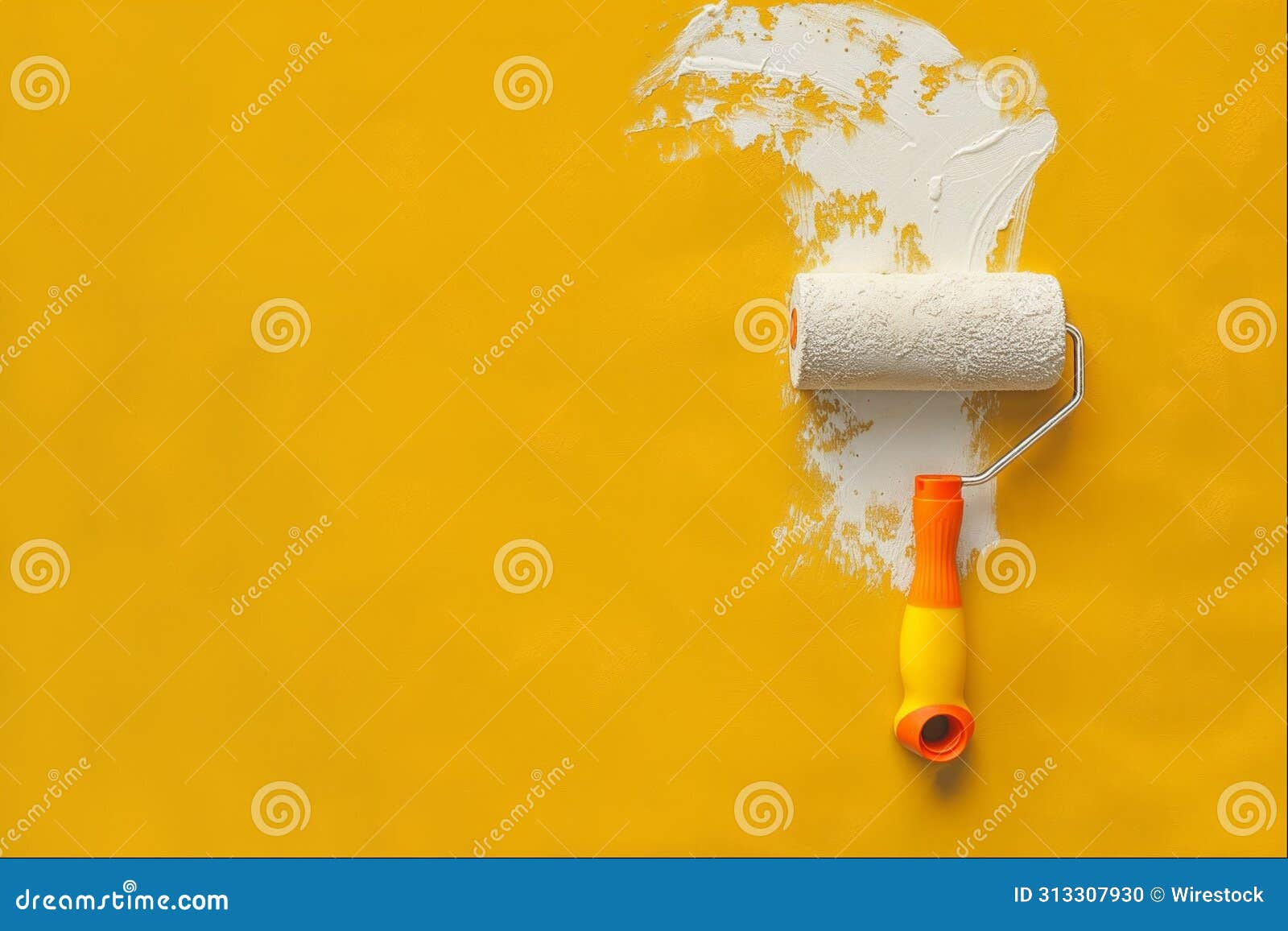A Roller Brush with Paint and White Paint Flying Away on Yellow Surface ...