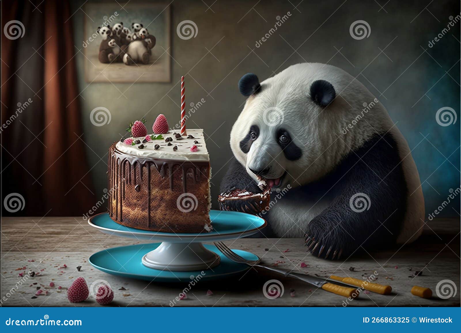 AI Generated Illustration of a Panda Eating a Cake on a Table. Stock ...
