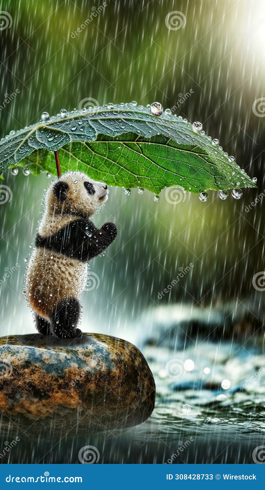 AI-generated Illustration of a Panda in the Rain Under a Jaggery Leaf ...