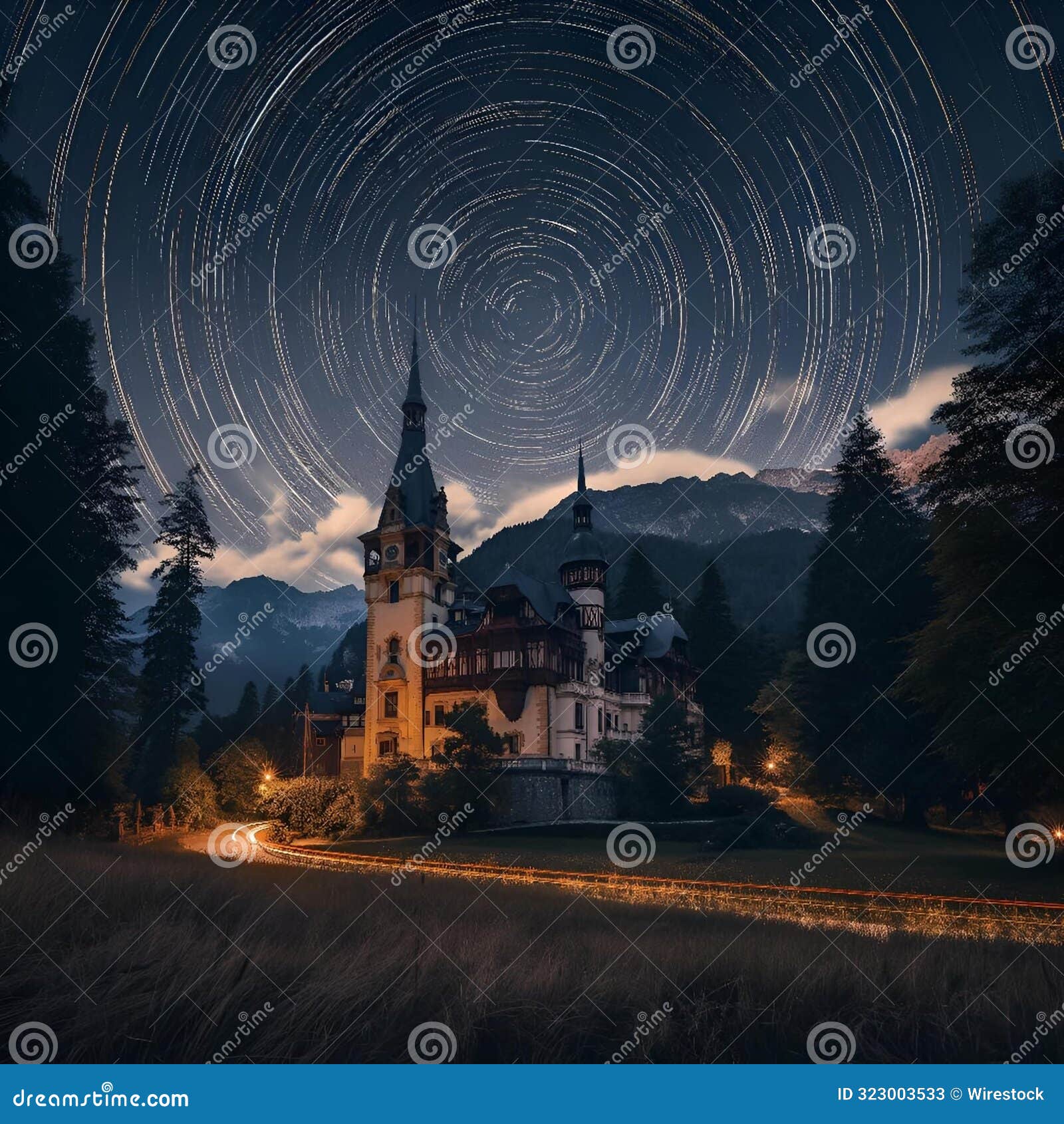 AI-generated Illustration of Peles Castle with Star Trails in the ...