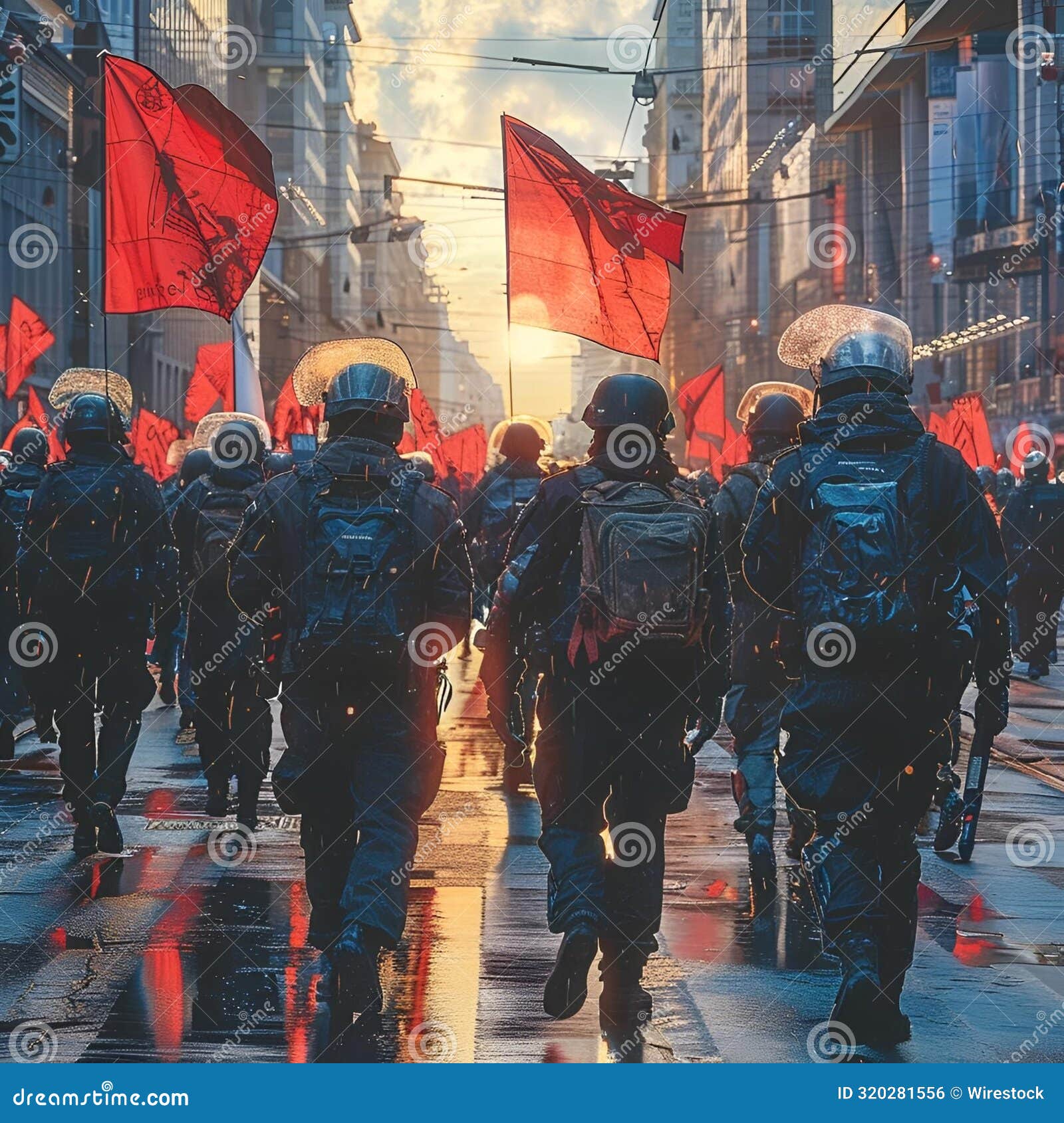 AI Generated Illustration of People Marching with Red Flags in Urban ...