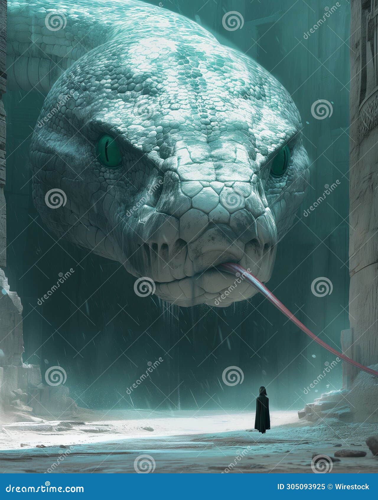 AI Generated Illustration of a Person Standing by a Massive Snake in a ...