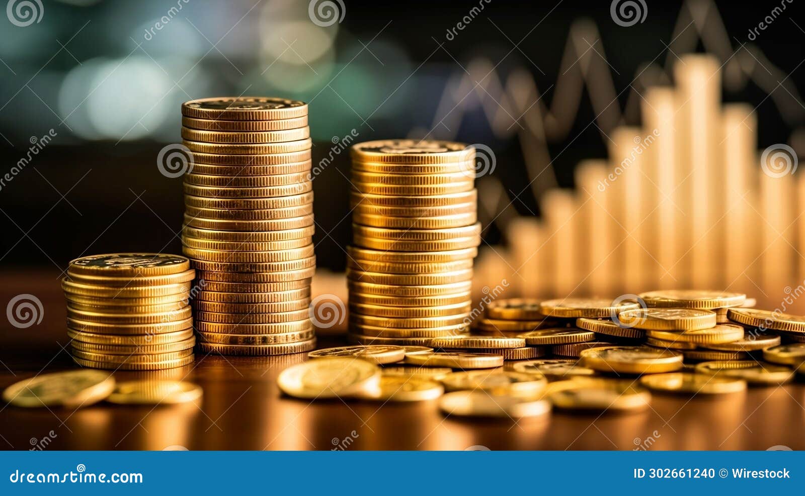 AI Generated Illustration of Piles of Golden Coins on a Reflective ...