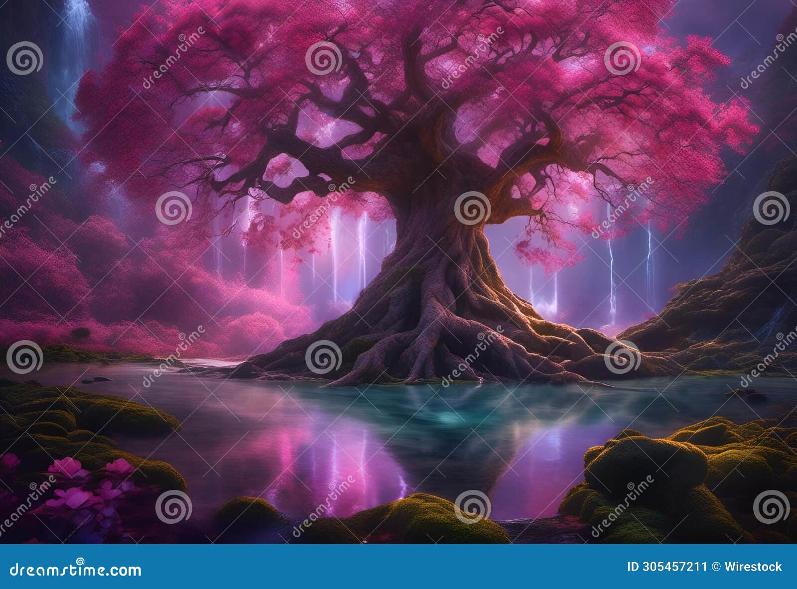 A Pink Tree Standing Next To a Stream and Trees in the Distance Stock ...